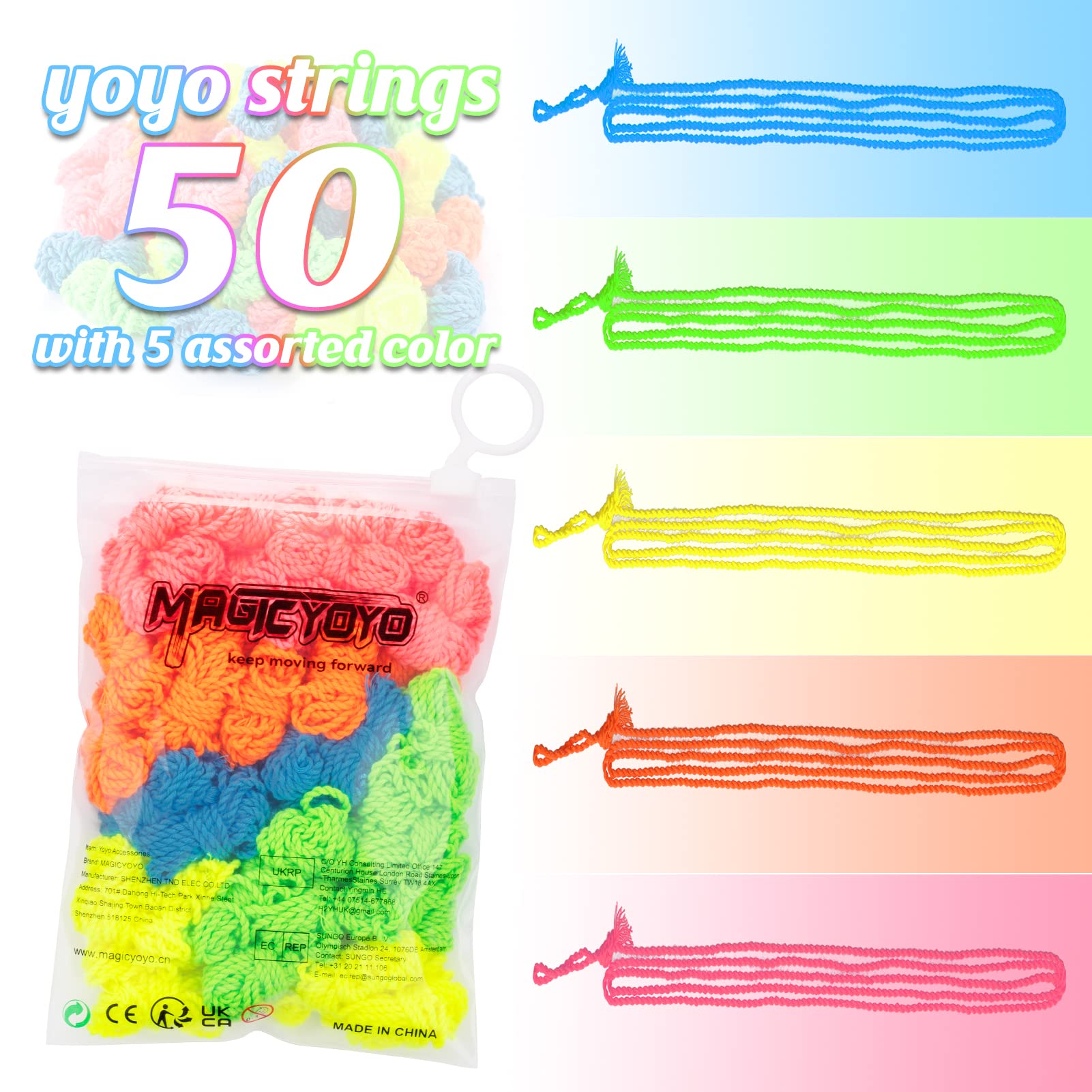 Professional Yoyo Strings Pack of 50, Soft 100% Polyester Yoyos String for Responsive and Unresponsive Yoyos , Blue, Green, Pink,Yellow, Orange Color