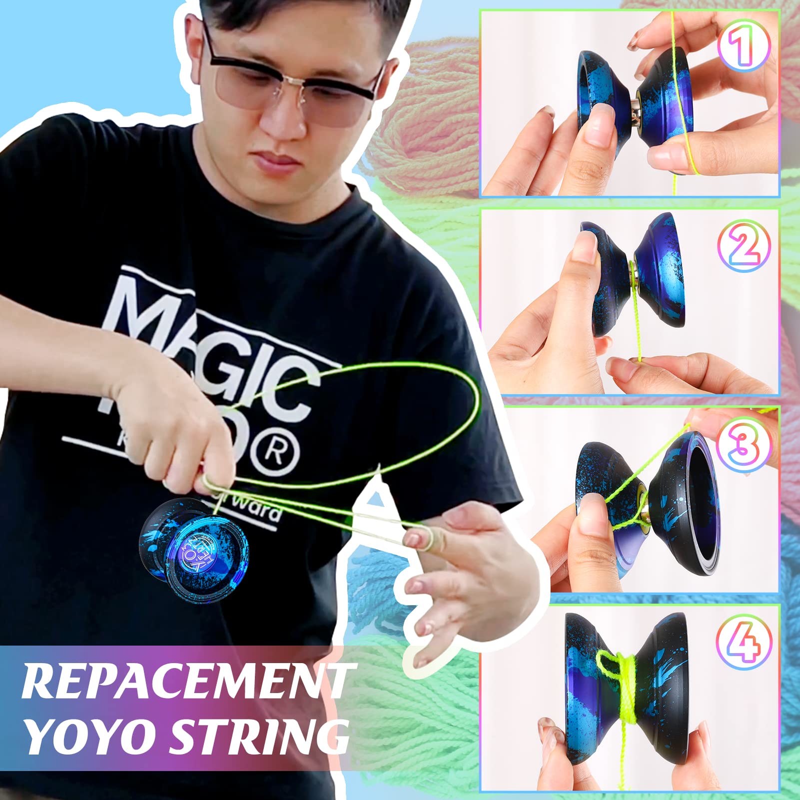 Professional Yoyo Strings Pack of 50, Soft 100% Polyester Yoyos String for Responsive and Unresponsive Yoyos , Blue, Green, Pink,Yellow, Orange Color