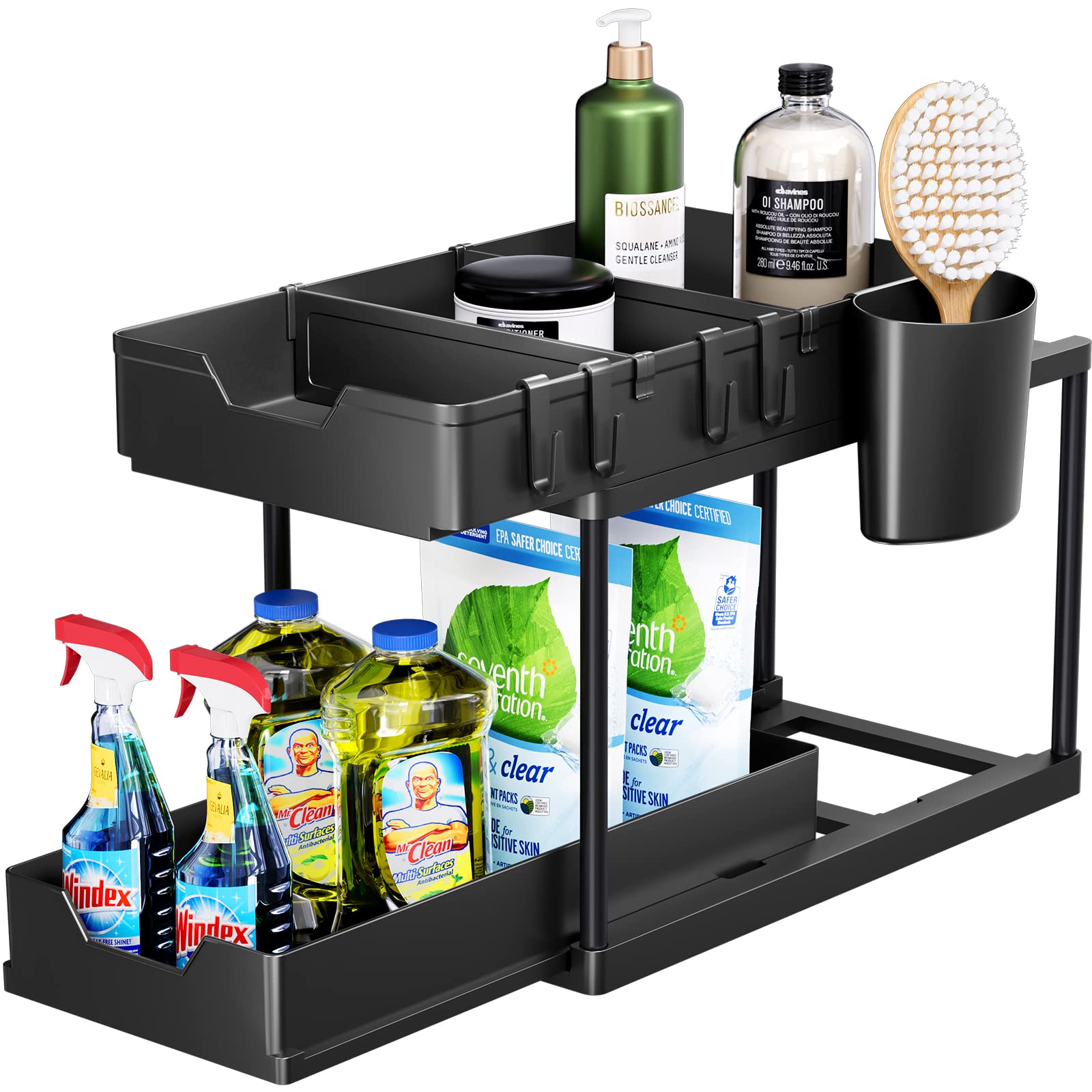 Puricon 1 Pack Under Sink Organizers and Storage 2-Tier Double Sliding Pull-out Drawer, Under the Sink Organizer Kitchen Multi-purpose Under Bathroom Sink Shelf Storage Rack for Cabinet -Black