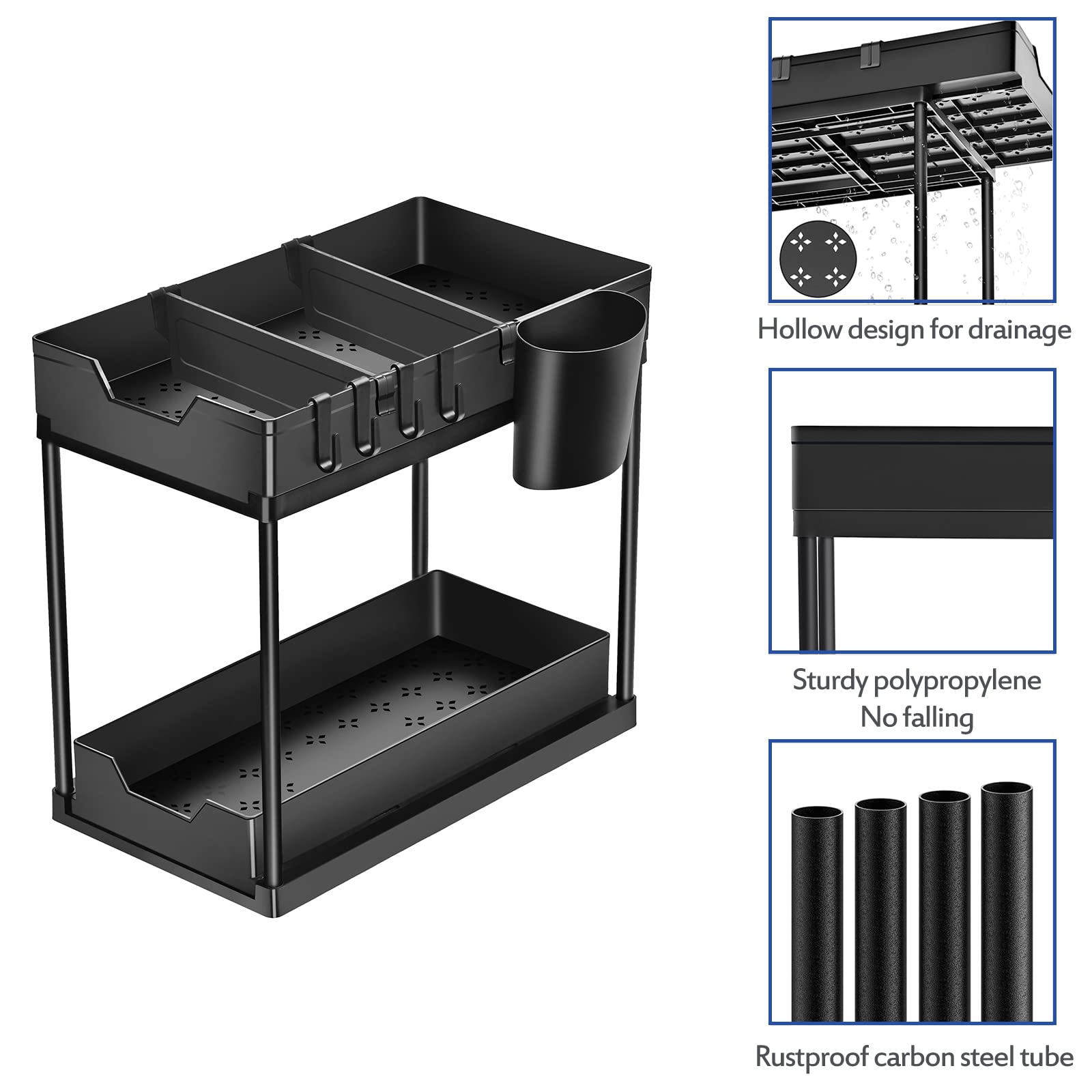 Puricon 1 Pack Under Sink Organizers and Storage 2-Tier Double Sliding Pull-out Drawer, Under the Sink Organizer Kitchen Multi-purpose Under Bathroom Sink Shelf Storage Rack for Cabinet -Black