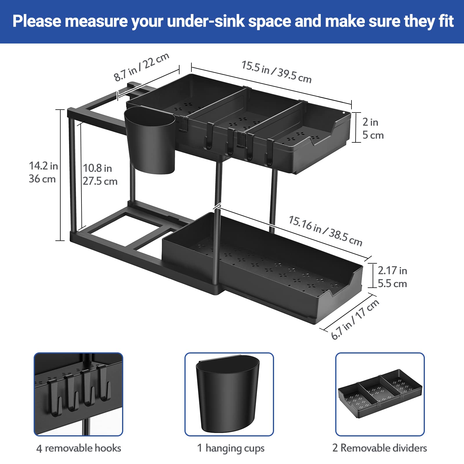 Puricon 1 Pack Under Sink Organizers and Storage 2-Tier Double Sliding Pull-out Drawer, Under the Sink Organizer Kitchen Multi-purpose Under Bathroom Sink Shelf Storage Rack for Cabinet -Black