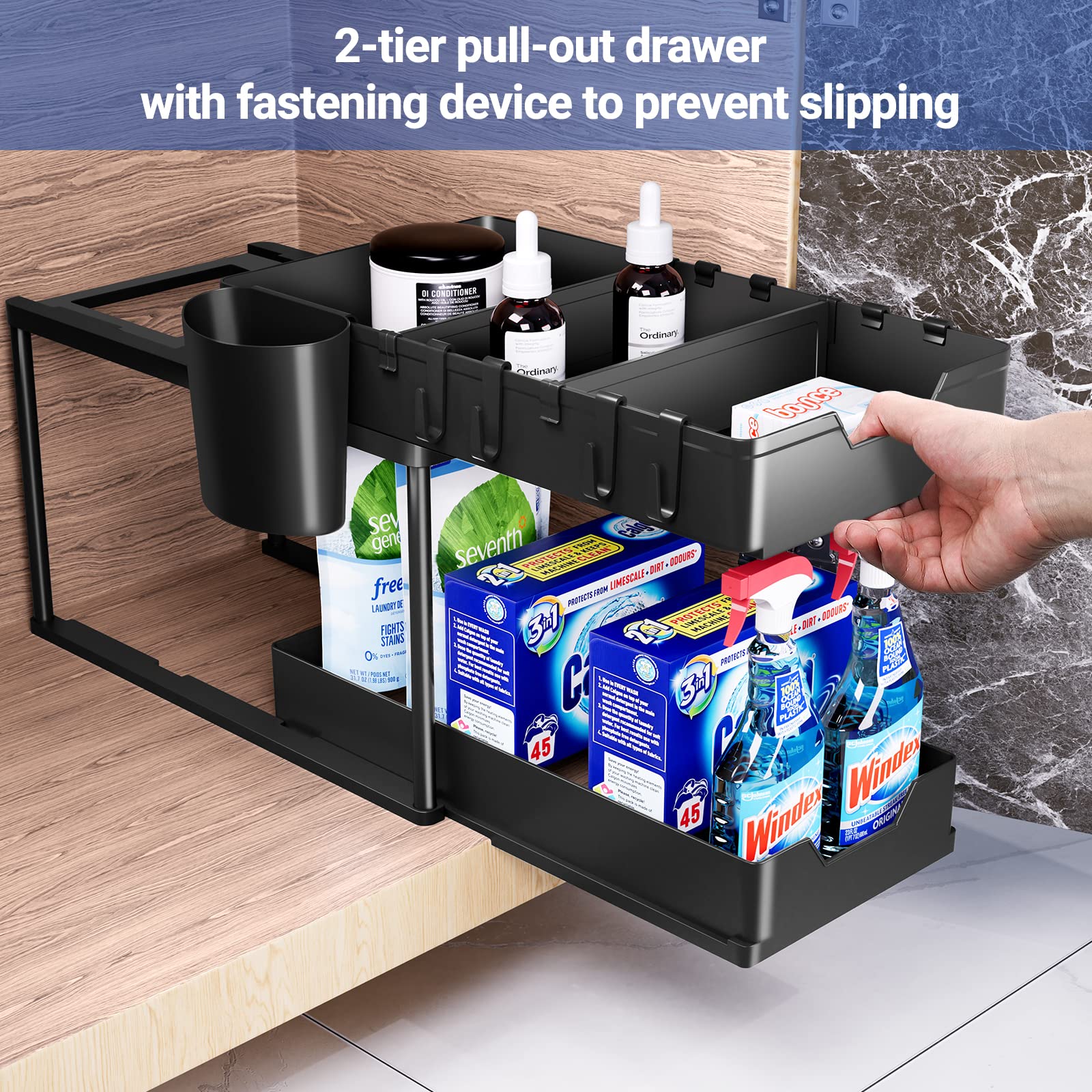 Puricon 1 Pack Under Sink Organizers and Storage 2-Tier Double Sliding Pull-out Drawer, Under the Sink Organizer Kitchen Multi-purpose Under Bathroom Sink Shelf Storage Rack for Cabinet -Black