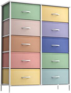 sorbus kids dresser with 10 drawers - storage unit organizer chest for clothes - bedroom, kids room, nursery, & closet - steel frame, wood top & handles, and easy pull fabric bins