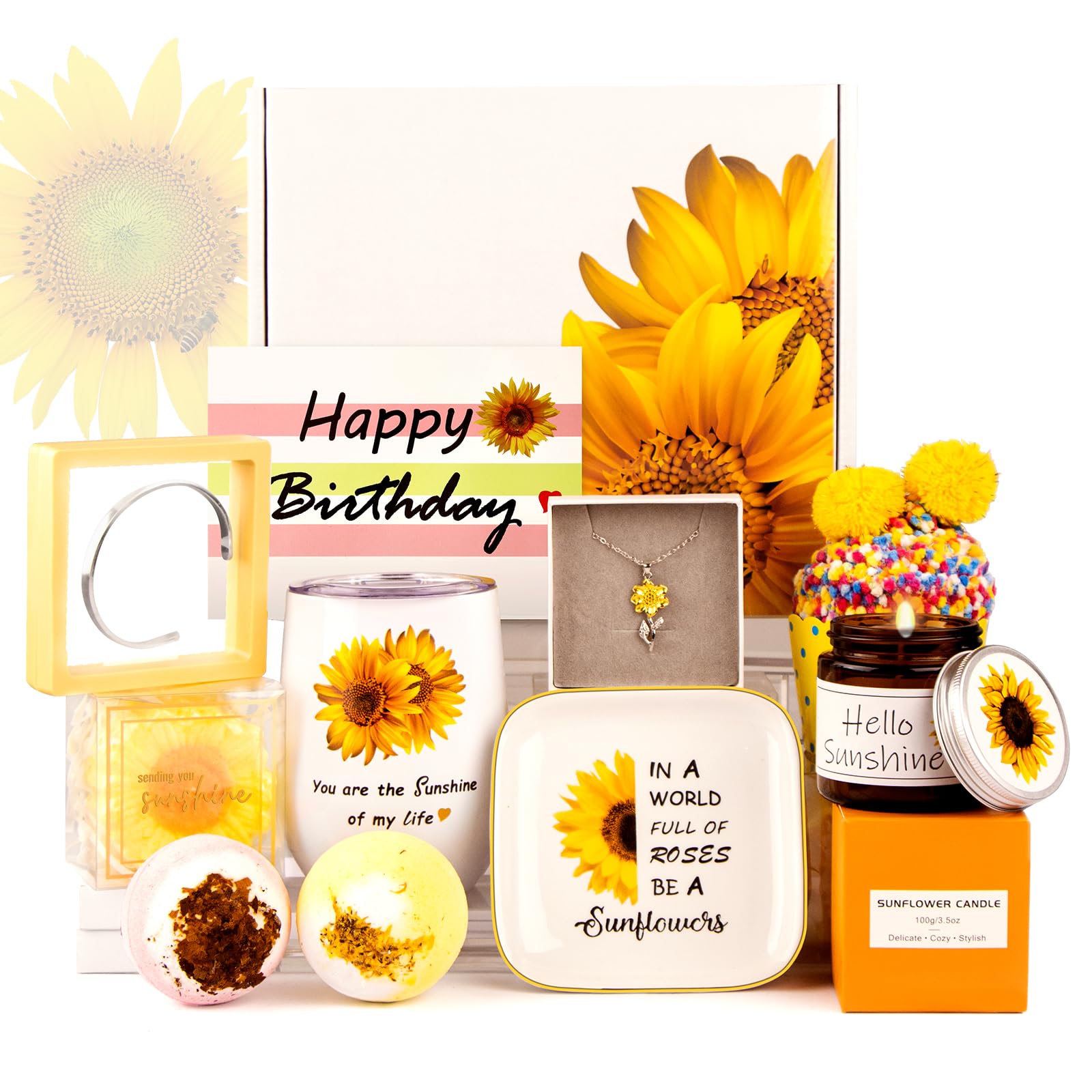 YOU1YI Birthday Gifts for Women, Sunflower Gifts for Wife, Mom, Daughter, Sister, Best Friend, 11pcs Gift Basket with Sunflower Necklace, Candle, Tumbler, Bracelet, Socks, Spa Bath Bombs, Jewelry Tray