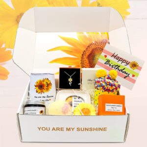 YOU1YI Birthday Gifts for Women, Sunflower Gifts for Wife, Mom, Daughter, Sister, Best Friend, 11pcs Gift Basket with Sunflower Necklace, Candle, Tumbler, Bracelet, Socks, Spa Bath Bombs, Jewelry Tray