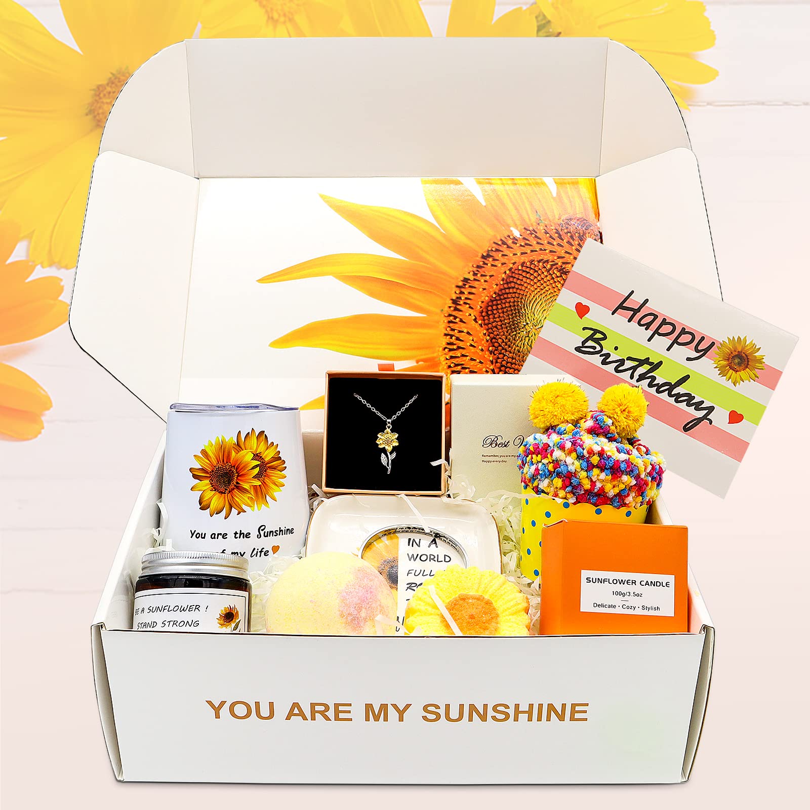 YOU1YI Birthday Gifts for Women, Sunflower Gifts for Wife, Mom, Daughter, Sister, Best Friend, 11pcs Gift Basket with Sunflower Necklace, Candle, Tumbler, Bracelet, Socks, Spa Bath Bombs, Jewelry Tray