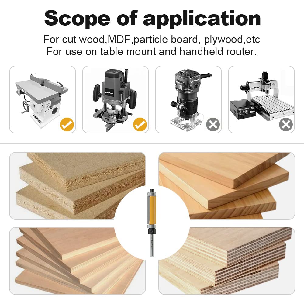 FivePears 4 PCS Top and Bottom Bearing Flush Trim Router Bits Set 1/4 Inch Shank, 1/2 Inch Cutting Diameter, 3/4", 1", 1-1/4", 1-1/2" Cutting Length