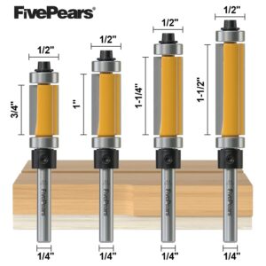 FivePears 4 PCS Top and Bottom Bearing Flush Trim Router Bits Set 1/4 Inch Shank, 1/2 Inch Cutting Diameter, 3/4", 1", 1-1/4", 1-1/2" Cutting Length