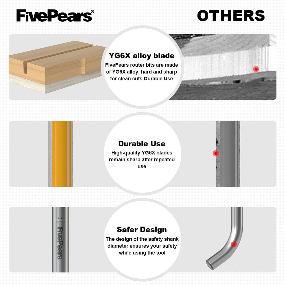 FivePears 4 PCS Top and Bottom Bearing Flush Trim Router Bits Set 1/4 Inch Shank, 1/2 Inch Cutting Diameter, 3/4", 1", 1-1/4", 1-1/2" Cutting Length