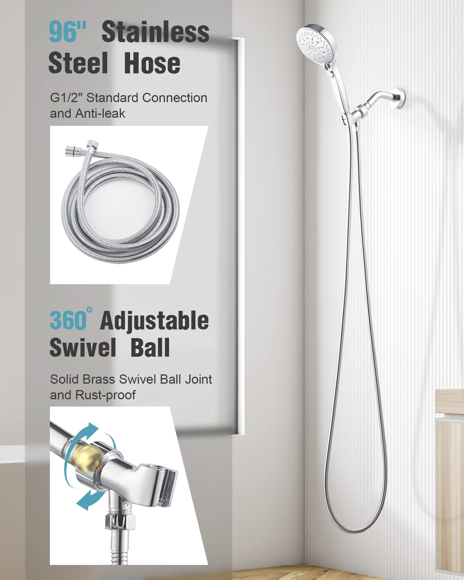 Shower Head-12 Functions High Pressure Handheld Showerhead with 96" Extra Long Hose for Pets Dog Bath, SR RUN RISE Detachable Water Saver Hand Shower Wand with Switch Button (Polished Chrome)