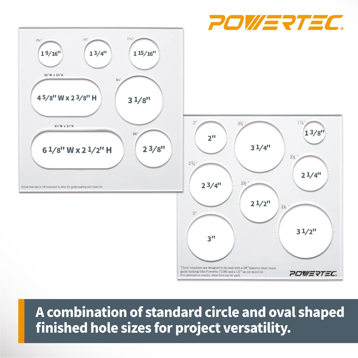 POWERTEC 71622 12 x 10 inch Clear Acrylic Decorative Templates, Circle/Grommet/Round Inlay Stencil Templates for Woodworking, Set of 2