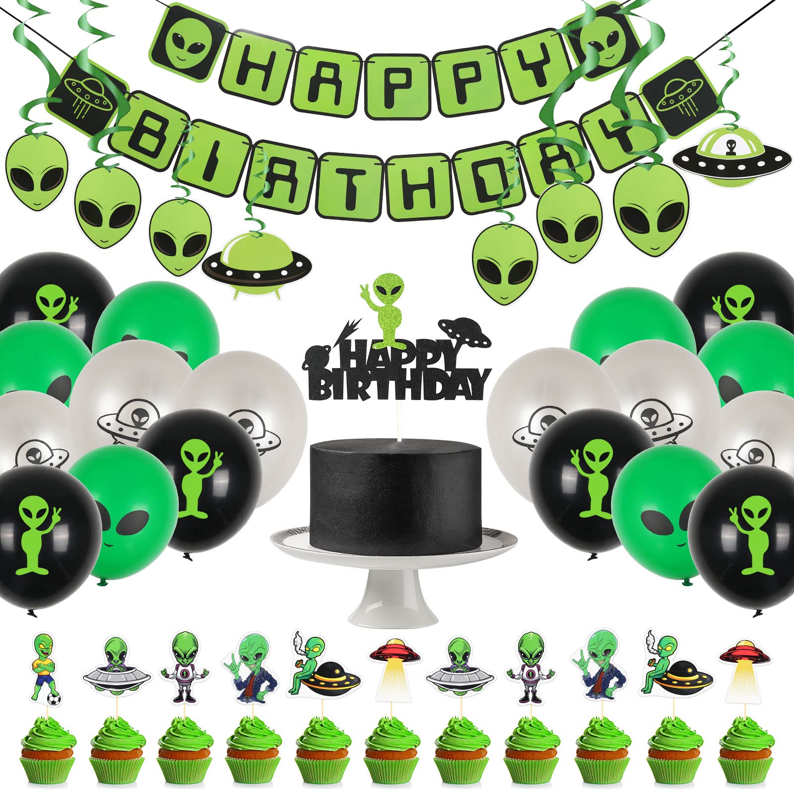 Whaline 53Pcs Alien Birthday Party Decorations Set Alien Balloons Assorted Alien Cupcake Toppers Alien Birthday Banner Outer Space Saucer Balloons UFO Hanging Swirls for Alien Birthday Party Decor