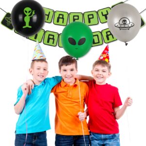 Whaline 53Pcs Alien Birthday Party Decorations Set Alien Balloons Assorted Alien Cupcake Toppers Alien Birthday Banner Outer Space Saucer Balloons UFO Hanging Swirls for Alien Birthday Party Decor