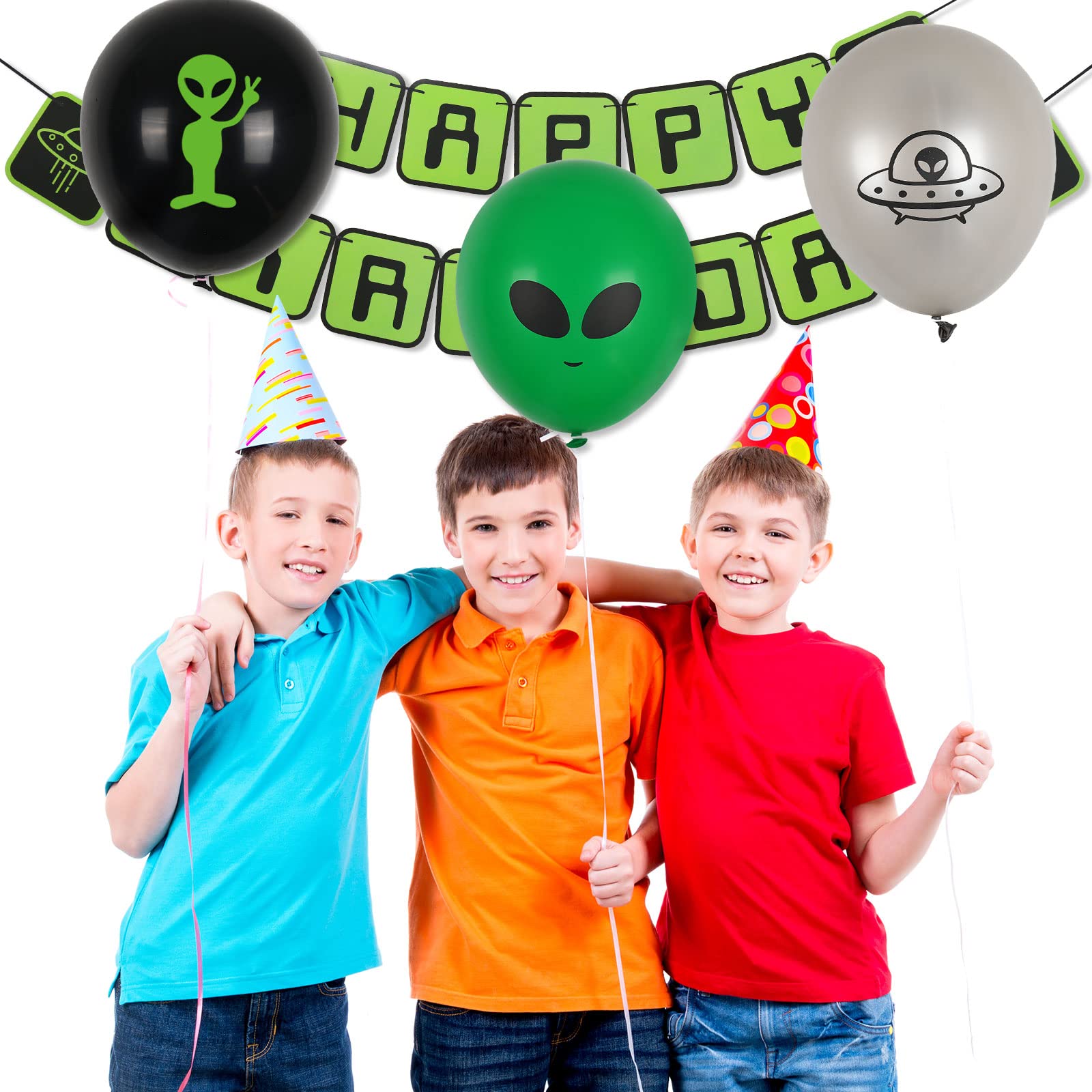 Whaline 53Pcs Alien Birthday Party Decorations Set Alien Balloons Assorted Alien Cupcake Toppers Alien Birthday Banner Outer Space Saucer Balloons UFO Hanging Swirls for Alien Birthday Party Decor