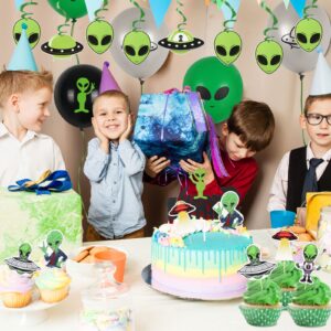 Whaline 53Pcs Alien Birthday Party Decorations Set Alien Balloons Assorted Alien Cupcake Toppers Alien Birthday Banner Outer Space Saucer Balloons UFO Hanging Swirls for Alien Birthday Party Decor