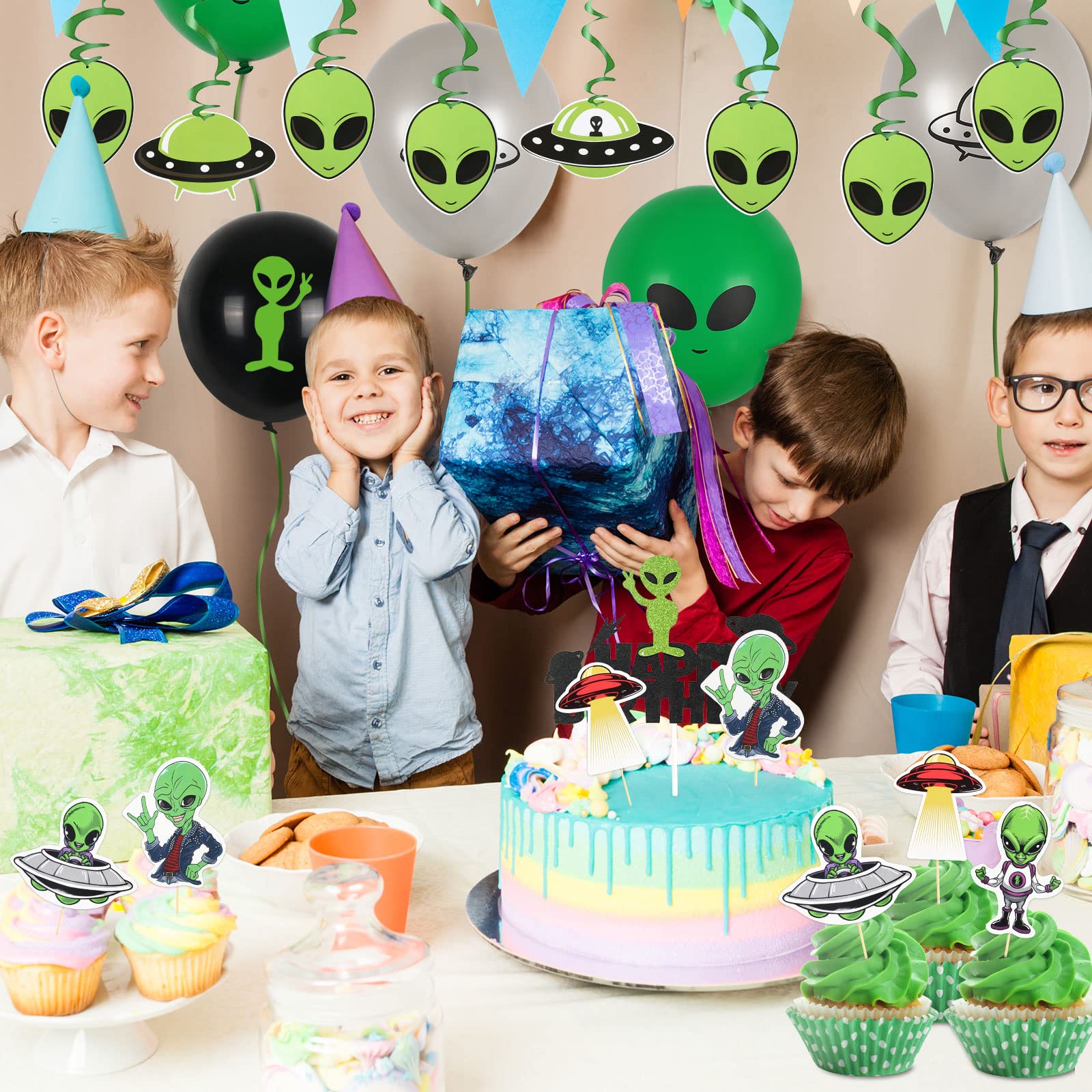 Whaline 53Pcs Alien Birthday Party Decorations Set Alien Balloons Assorted Alien Cupcake Toppers Alien Birthday Banner Outer Space Saucer Balloons UFO Hanging Swirls for Alien Birthday Party Decor