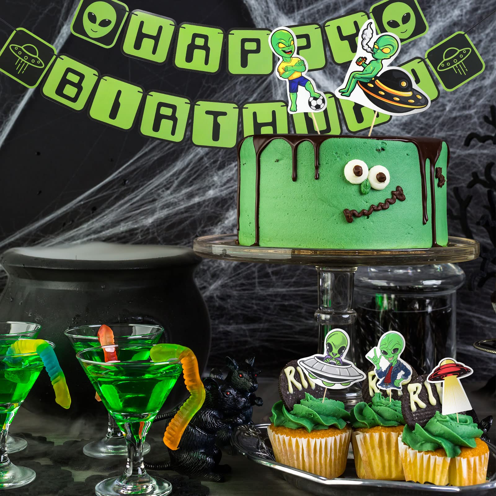 Whaline 53Pcs Alien Birthday Party Decorations Set Alien Balloons Assorted Alien Cupcake Toppers Alien Birthday Banner Outer Space Saucer Balloons UFO Hanging Swirls for Alien Birthday Party Decor