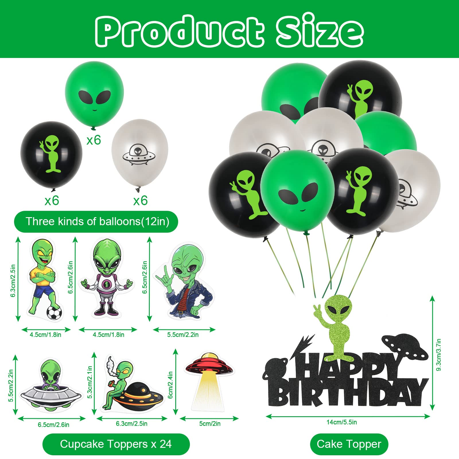 Whaline 53Pcs Alien Birthday Party Decorations Set Alien Balloons Assorted Alien Cupcake Toppers Alien Birthday Banner Outer Space Saucer Balloons UFO Hanging Swirls for Alien Birthday Party Decor