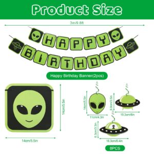 Whaline 53Pcs Alien Birthday Party Decorations Set Alien Balloons Assorted Alien Cupcake Toppers Alien Birthday Banner Outer Space Saucer Balloons UFO Hanging Swirls for Alien Birthday Party Decor