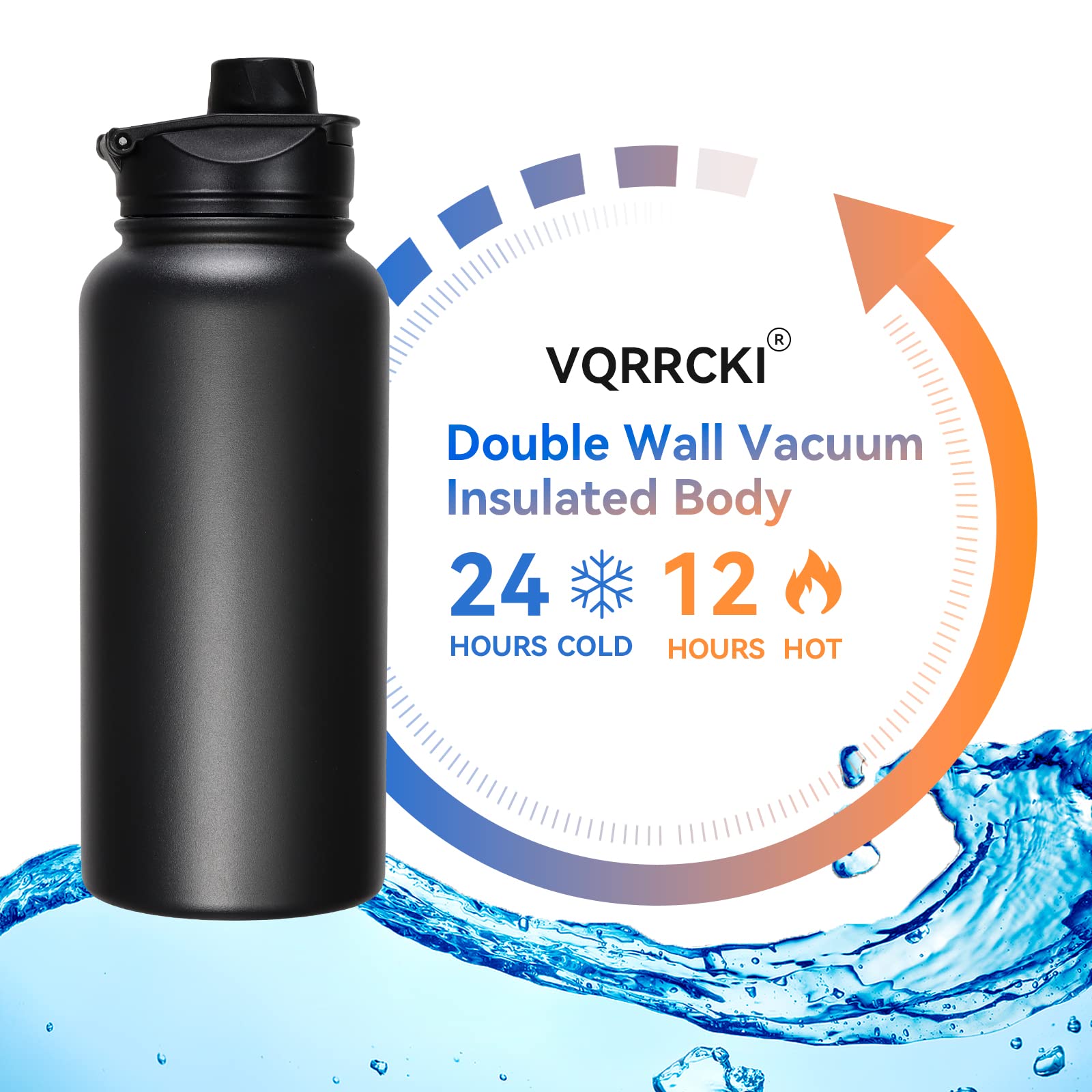 VQRRCKI 32 Oz Insulated Water Bottle with Straw Lid & Wide Mouth Lids, Stainless Steel Sports Water Bottles, Double Walled Vacuum, Leak Proof, Black