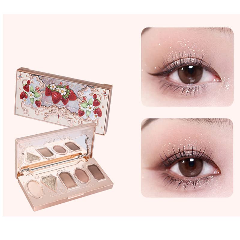 1PC Huazhixiao 5 Colors Strawberry Rococo Shimmer Matte Eyeshadow Palette, Super Pigmented Makeup Creamy Palette (01#)