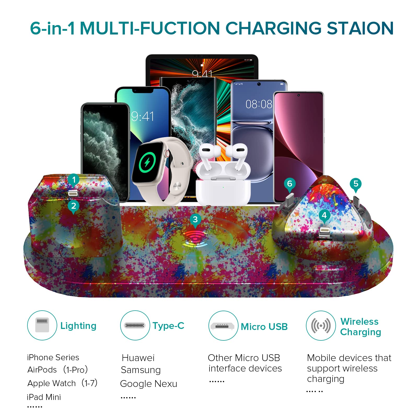 Atrden [Multi-Function Wireless Charging Station] 6 in 1, 15W Fast Wireless Charger for iPhone 14/13/12/11 Series, iWatch 7/6/5/4/3, AirPods and Smartphones (Colourful)