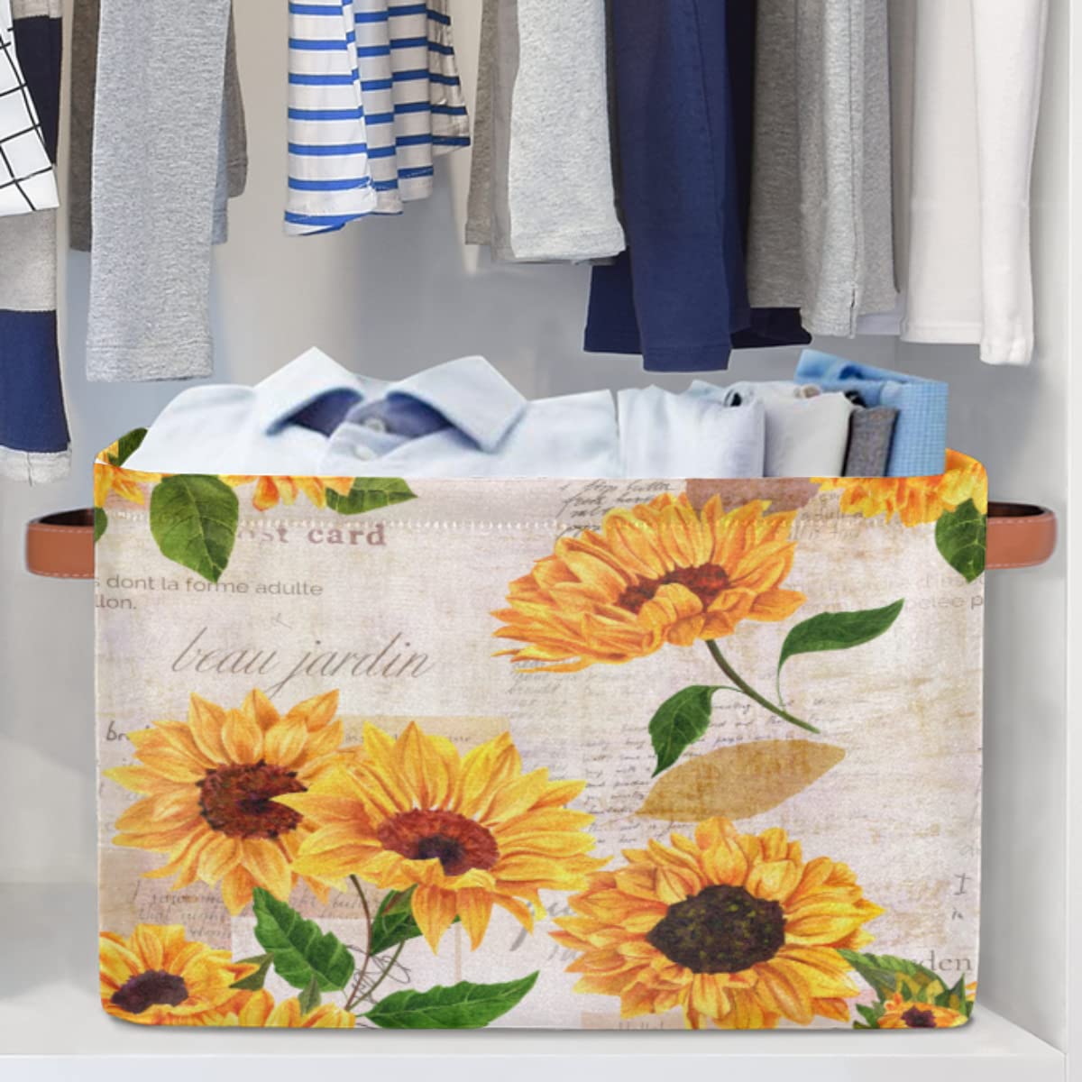 Storage Basket Flower Floral Sunflower, Large Foldable Organizer Storage Bins for Shelves, Sturdy Canvas Cubes Storage Boxes with Handles for Toys Closet Nursery Office Living Room 15" x 11" x 9.5"