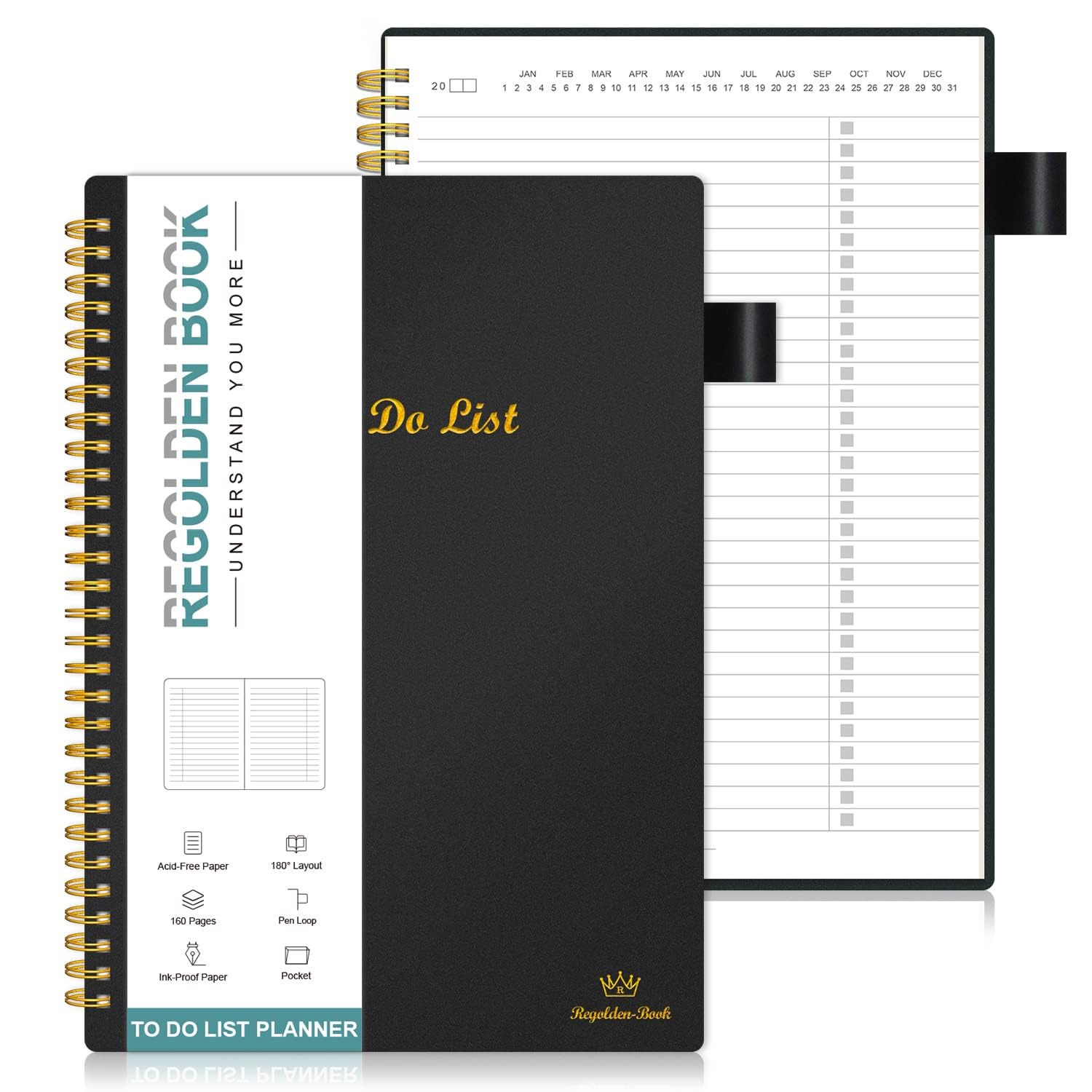 Regolden-Book To Do List Notebook, Daily Planner for Work, Project Tasks & Personal Organizer, Checklist Man/Women, Pocket, Pen Loop, 160 Pages (7"x10")