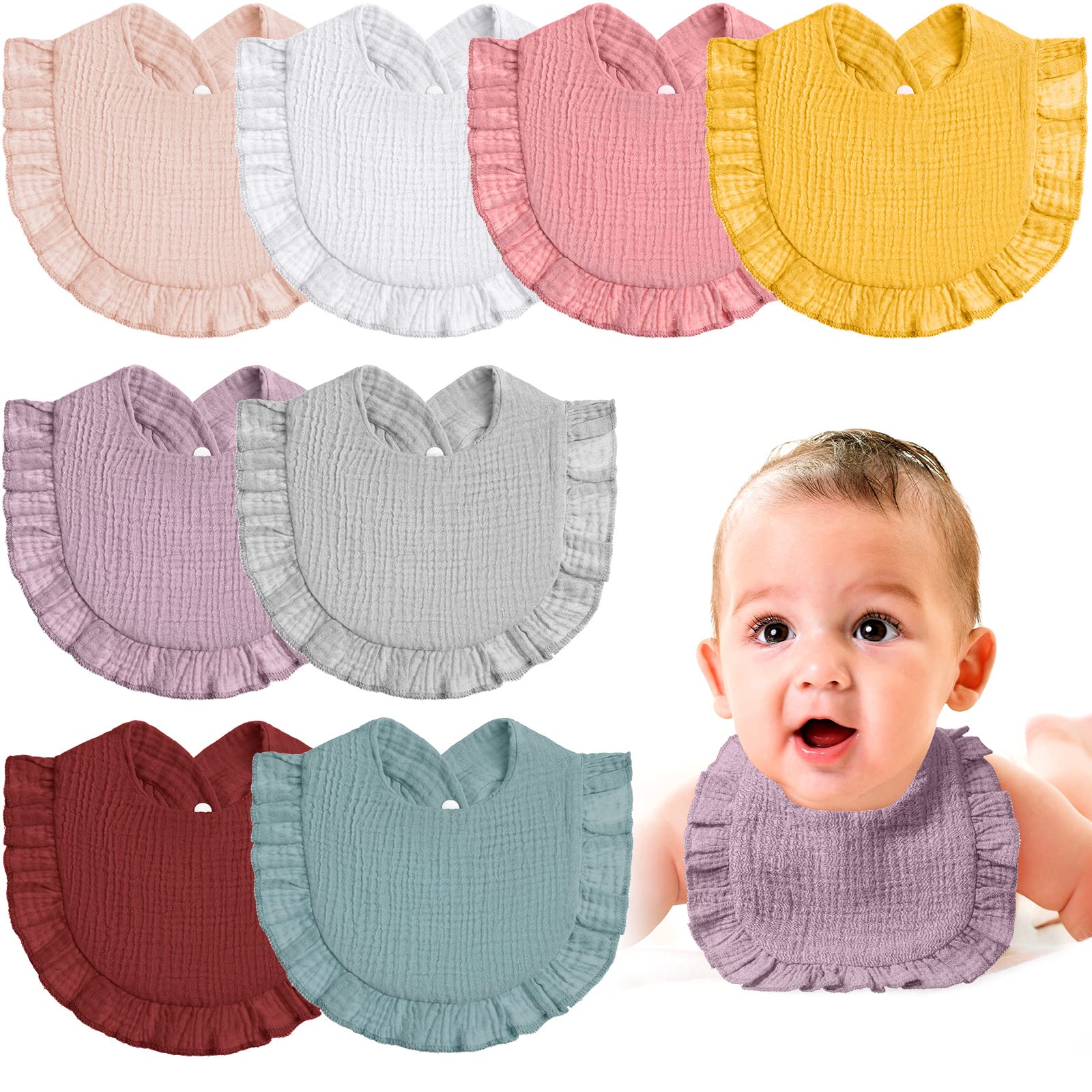 8 Pcs Muslin Baby Bibs Bandana Drool Bibs Absorbent Burp Gauze Cloths Adjustable Bibs for Toddler Infant Girls Boys Feeding (Bright Color)