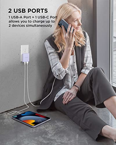 iHome USB C Charger: AC Pro 20W Multiport USB Charger (1 USB-C Port, 1 USB-A Port), Flat USB C Charger Block, Dual Port USB Plug Adapter & Phone Charging Block