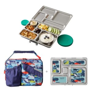 planetbox rover stainless steel bento lunch box with 5 compartments for adults and kids, sharks carry bag and magnets