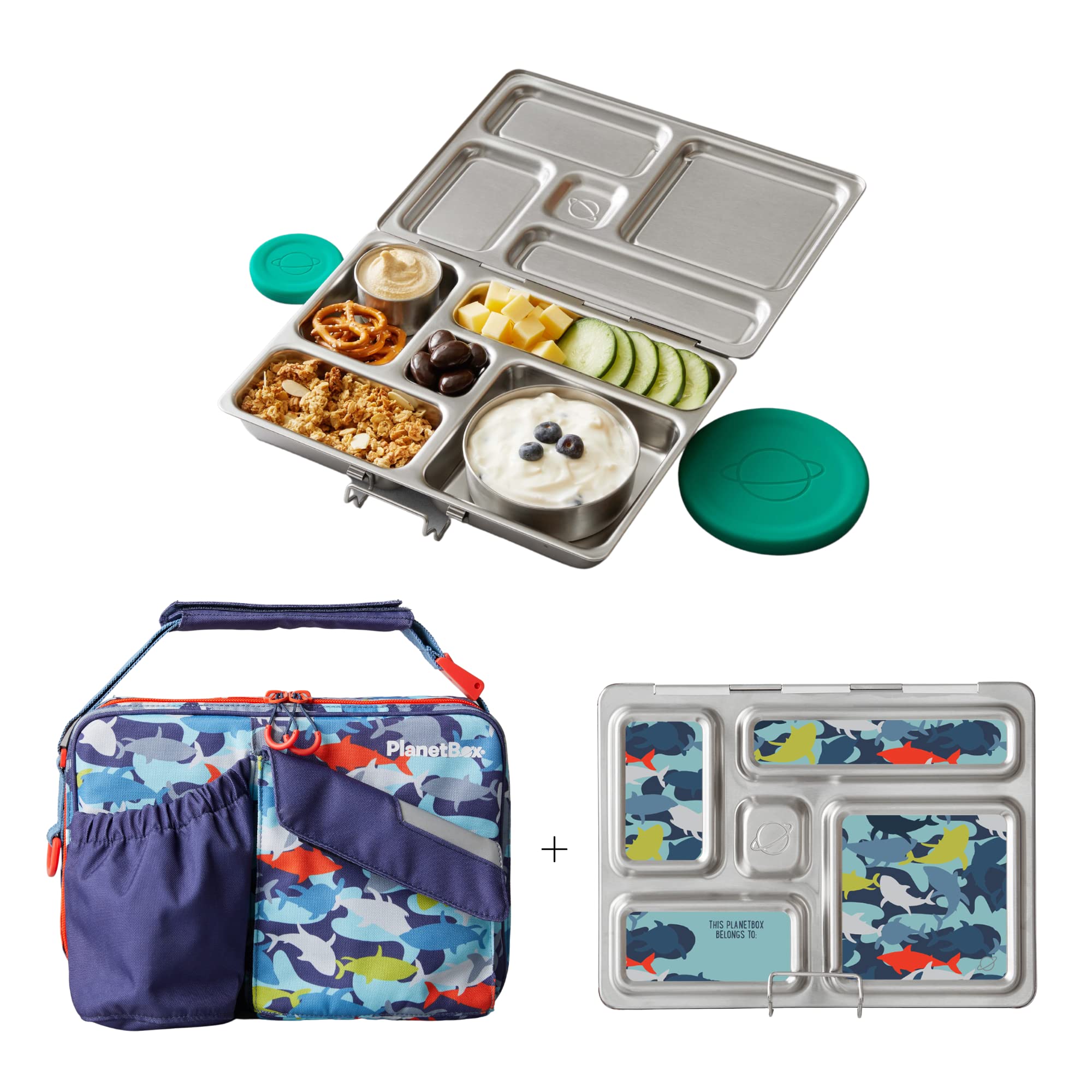 PlanetBox Rover Stainless Steel Bento Lunch Box with 5 Compartments for Adults and Kids, Sharks Carry Bag and Magnets