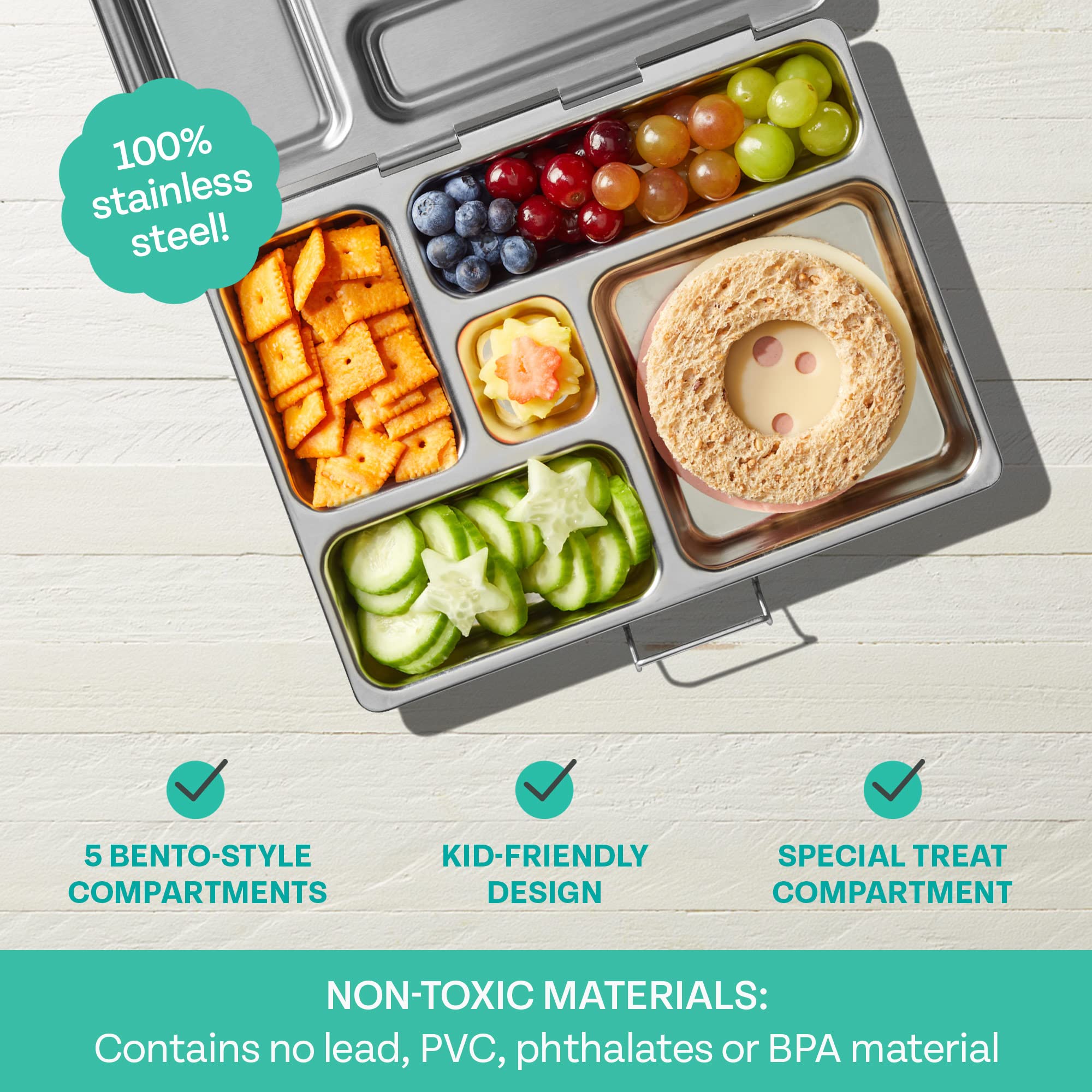 PlanetBox Rover Stainless Steel Bento Lunch Box with 5 Compartments for Adults and Kids, Sharks Carry Bag and Magnets