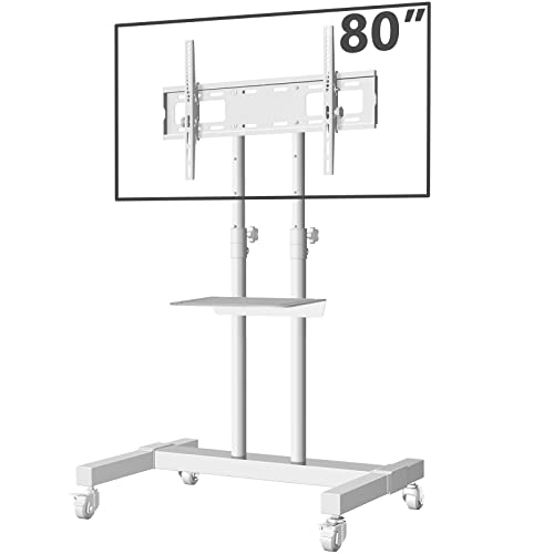 Mobile TV Stand Rolling TV Cart Floor Stand with Mount on Lockable Wheels Height Adjustable Shelf for 32-80 Inch TV Stand Flat Screen or Curved TVs Monitors Display Trolley Loading 110 lbs, White