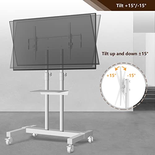 Mobile TV Stand Rolling TV Cart Floor Stand with Mount on Lockable Wheels Height Adjustable Shelf for 32-80 Inch TV Stand Flat Screen or Curved TVs Monitors Display Trolley Loading 110 lbs, White