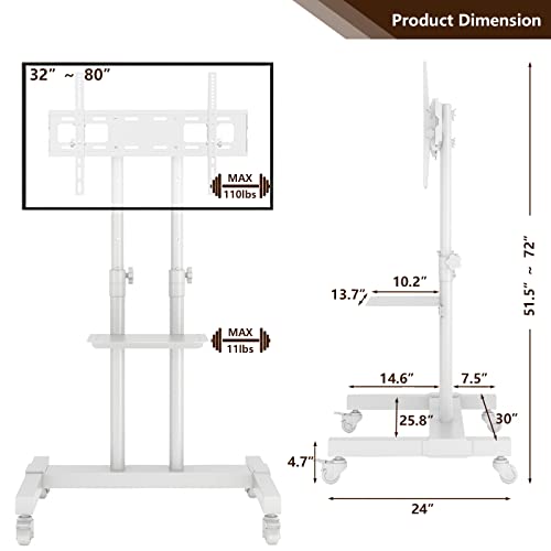 Mobile TV Stand Rolling TV Cart Floor Stand with Mount on Lockable Wheels Height Adjustable Shelf for 32-80 Inch TV Stand Flat Screen or Curved TVs Monitors Display Trolley Loading 110 lbs, White