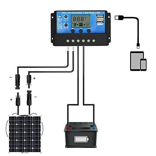 12V 24V Solar Charge Controller,KIMISS LCD Display Solar Charge Discharge Controller PWM Solar Controller Dual USB Output Regulator for Home Industrial Car (30A)