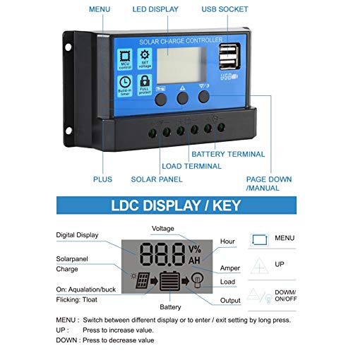 12V 24V Solar Charge Controller,KIMISS LCD Display Solar Charge Discharge Controller PWM Solar Controller Dual USB Output Regulator for Home Industrial Car (30A)