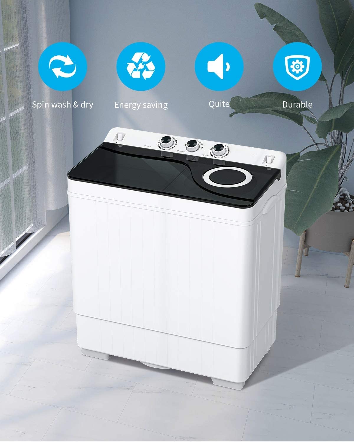 Bonnlo 26lbs Portable Washing Machine, Compact Mini Washer, Twin Tub Washer and Dryer Combo; 18LBS Washer & 8LBS Spin Dryer for Apartment, Dorms, RVs, Camping and More (Black)