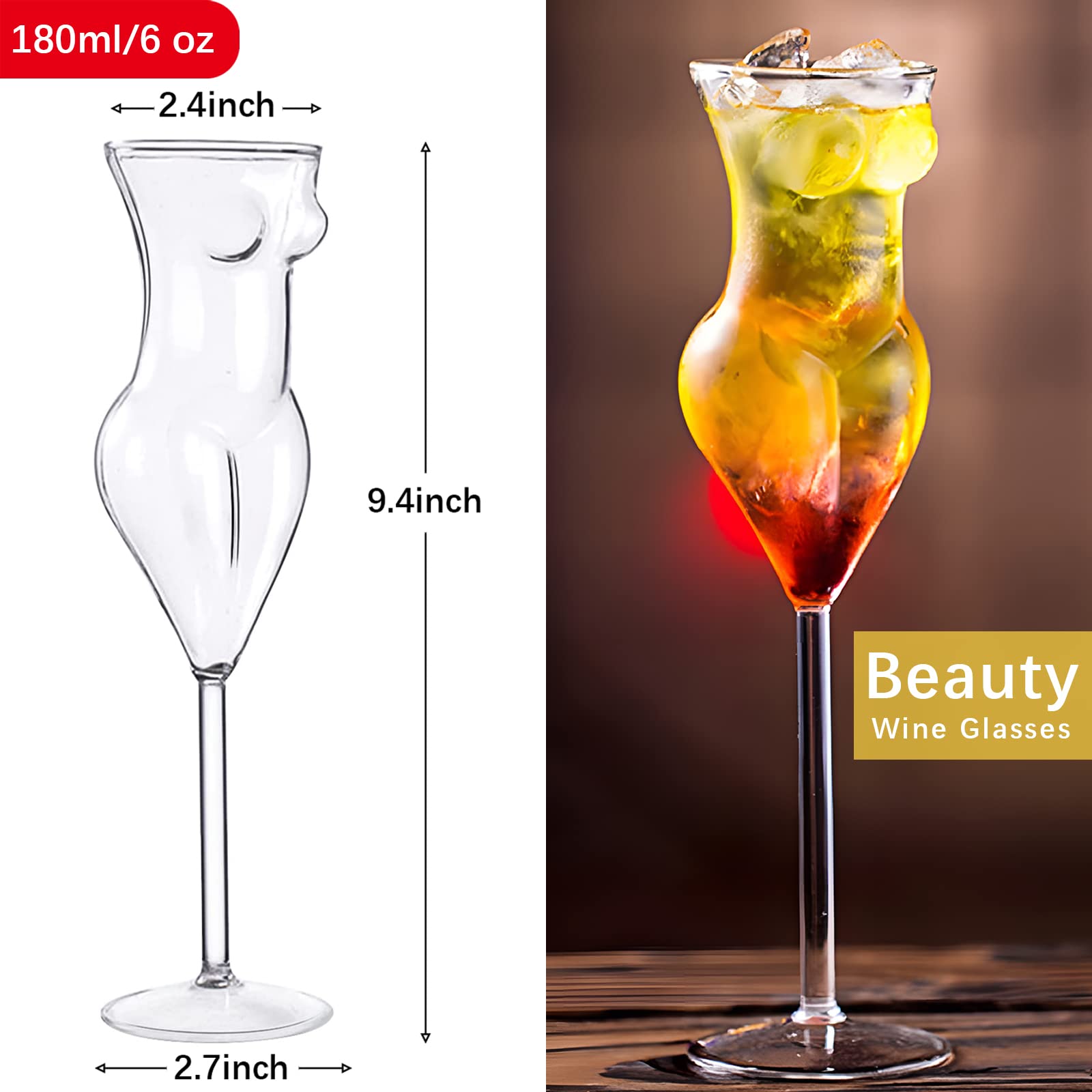 USEEKRIL Wine Glasses Body Glasses Set of 4 Creative Cocktail Glass Beauty Lady 6 oz Whiskey Drinking Glasses Champagne Goblet for Lady's Night Party Home Bar