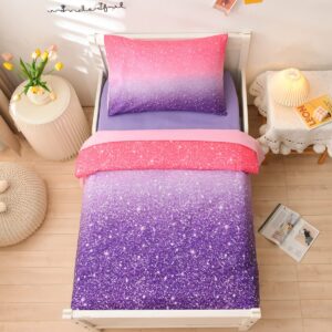 ntbed 4 pieces toddler bedding set for baby girls, pink purple glitter printed, includes comforter, flat sheet, fitted sheet and pillowcase