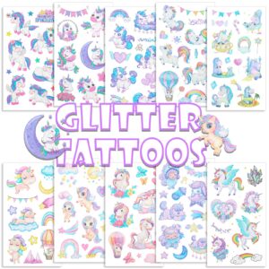 glitter temporary tattoos for kids, konsait waterproof glitter tattoo stickers kit rainbow princess theme party birthday party supplies 10 sheets