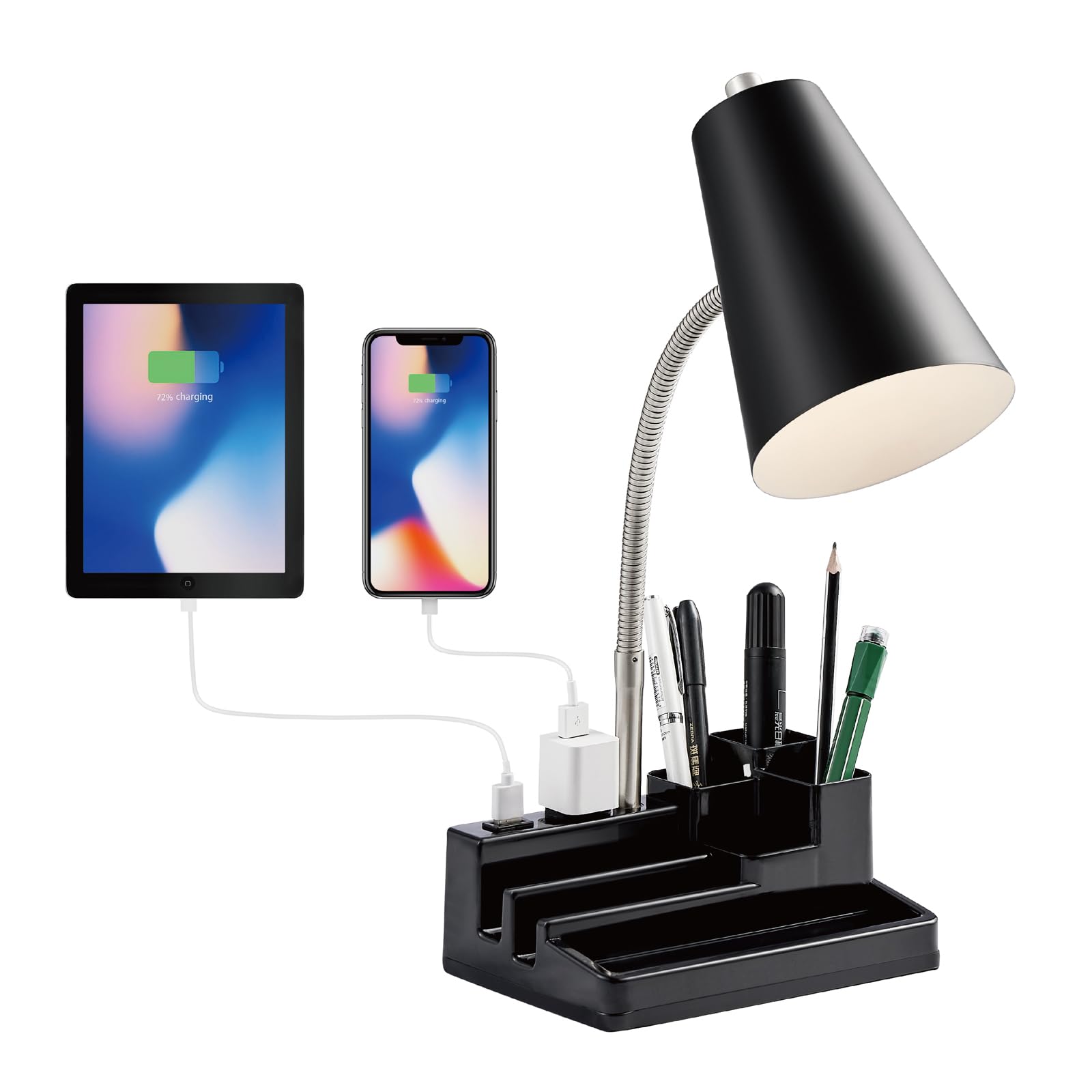 E26 Desk Lamp with 1 USB Charging Port and 1 AC Outlet, Organizer Base, Adjustable Neck, On/Off Switch, Modern Table Lamp for Reading, Working, Studying, Gentle Warm White Light, Eye Protect