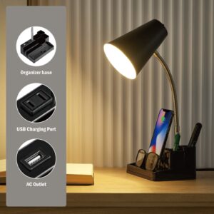 E26 Desk Lamp with 1 USB Charging Port and 1 AC Outlet, Organizer Base, Adjustable Neck, On/Off Switch, Modern Table Lamp for Reading, Working, Studying, Gentle Warm White Light, Eye Protect