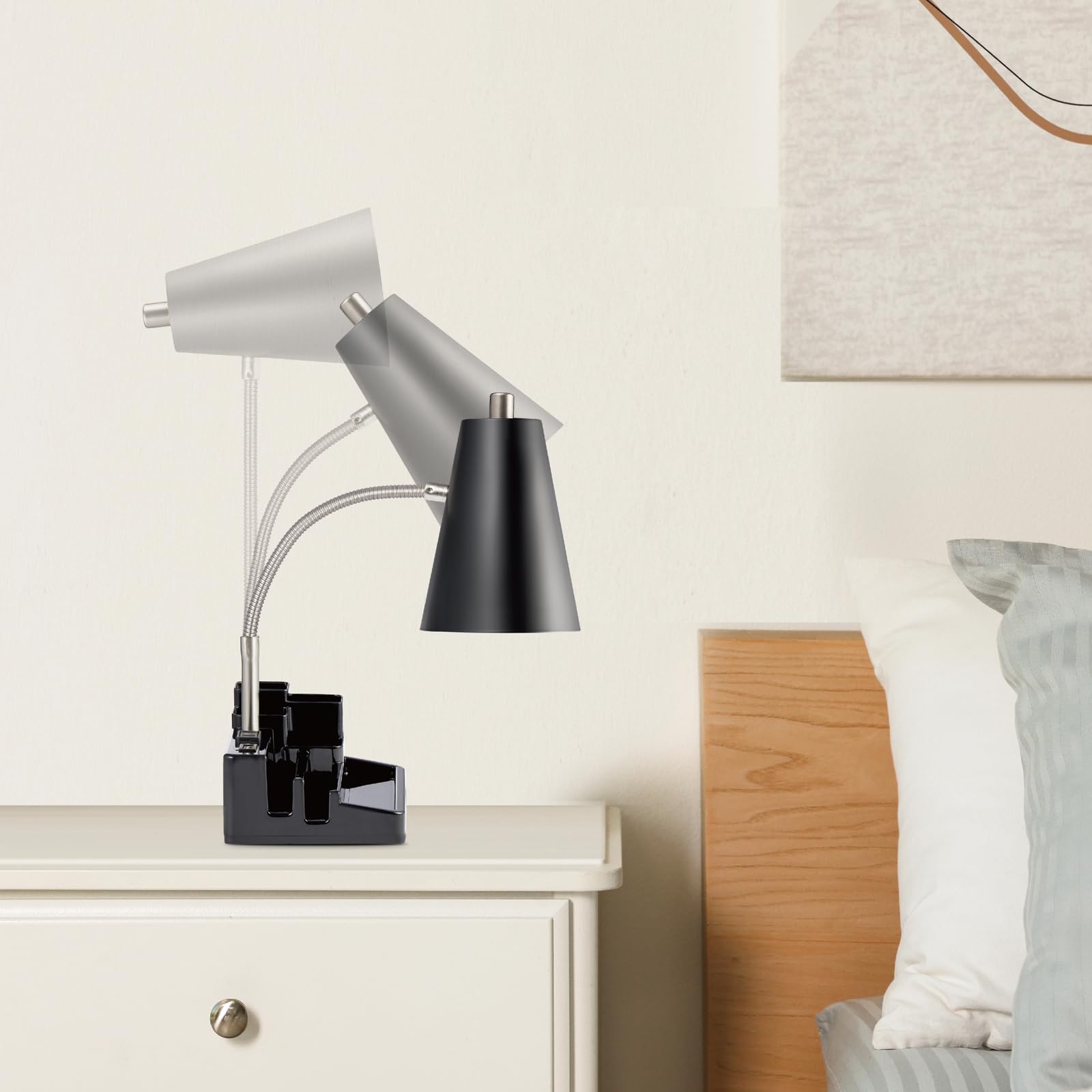 E26 Desk Lamp with 1 USB Charging Port and 1 AC Outlet, Organizer Base, Adjustable Neck, On/Off Switch, Modern Table Lamp for Reading, Working, Studying, Gentle Warm White Light, Eye Protect