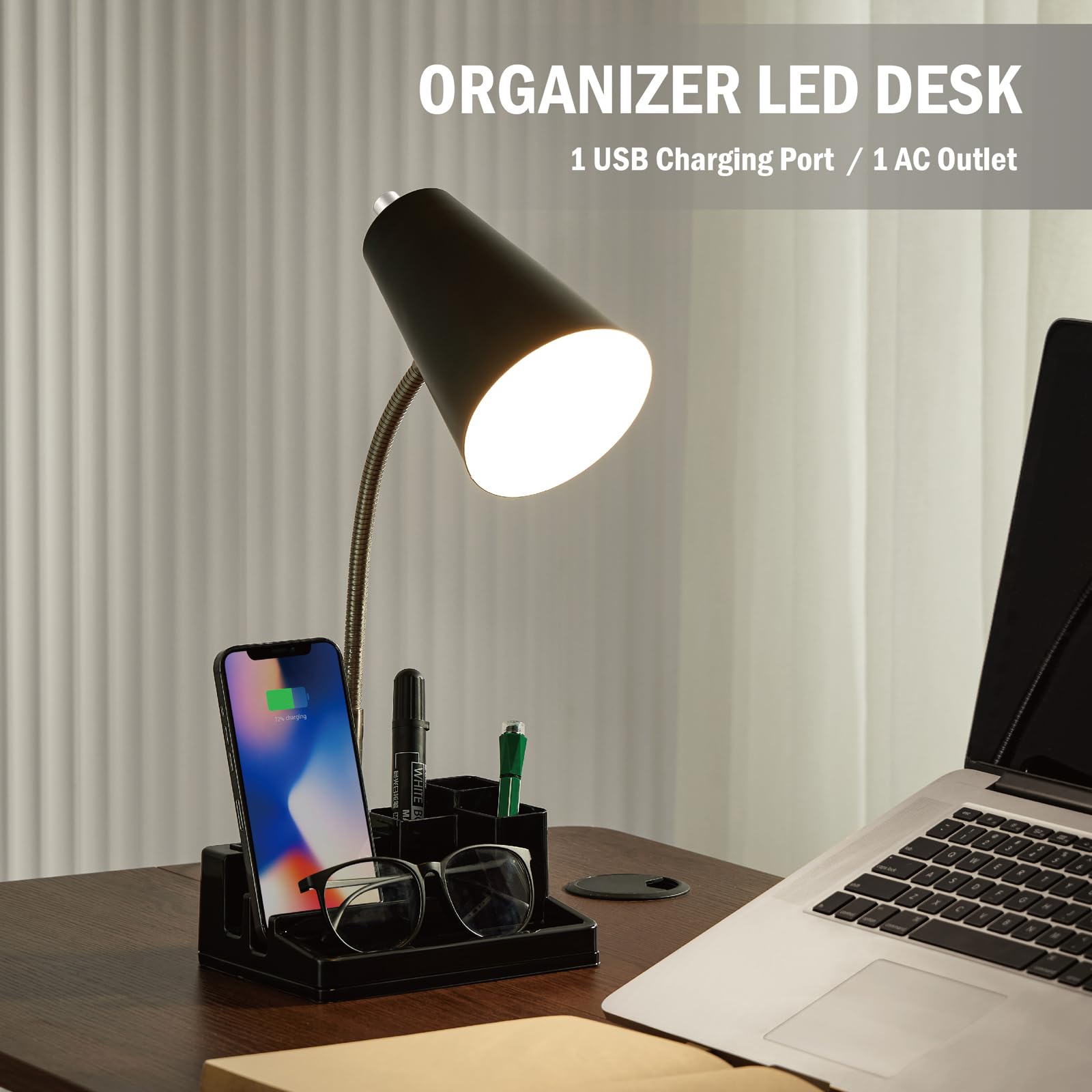 E26 Desk Lamp with 1 USB Charging Port and 1 AC Outlet, Organizer Base, Adjustable Neck, On/Off Switch, Modern Table Lamp for Reading, Working, Studying, Gentle Warm White Light, Eye Protect