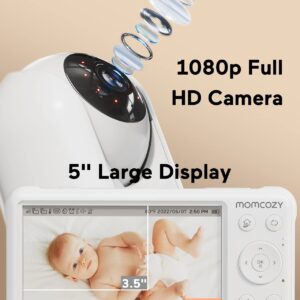 Momcozy Video Baby Monitor, 1080P 5" HD Baby Monitor with Camera and Audio, Infrared Night Vision, 5000mAh Battery, 2-Way Audio, Temperature Sensor, Lullabies and 960ft Range, Ideal for New Moms