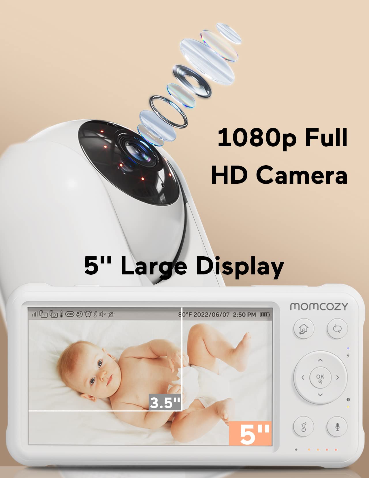 Momcozy Video Baby Monitor, 1080P 5" HD Baby Monitor with Camera and Audio, Infrared Night Vision, 5000mAh Battery, 2-Way Audio, Temperature Sensor, Lullabies and 960ft Range, Ideal for New Moms