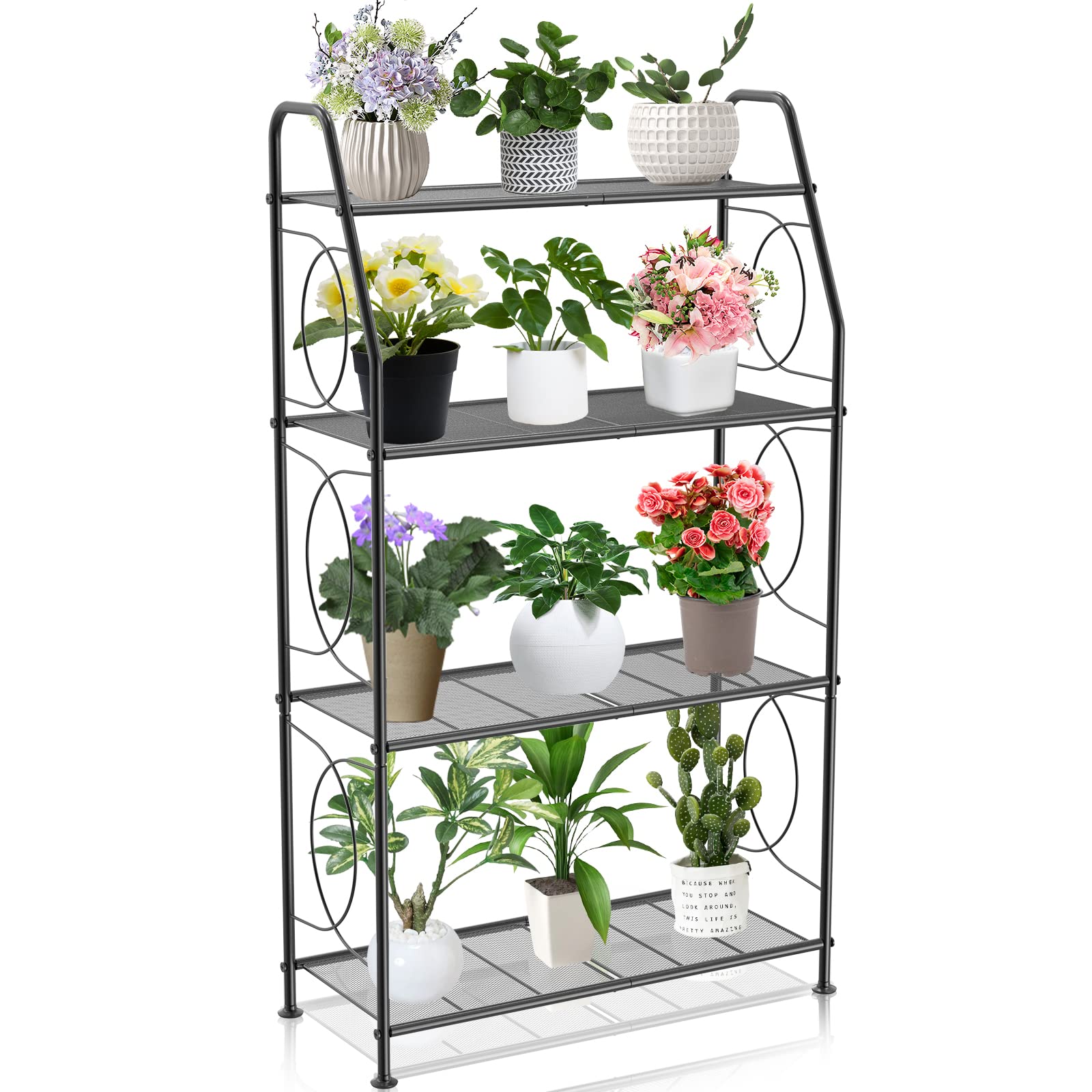 VyGrow Plant Stand, 4 Tier Plant Shelf for Indoor Outdoor, Heavy Duty Metal Tall Plant Stands Holder Rack for Living Room Balcony and Garden, Black