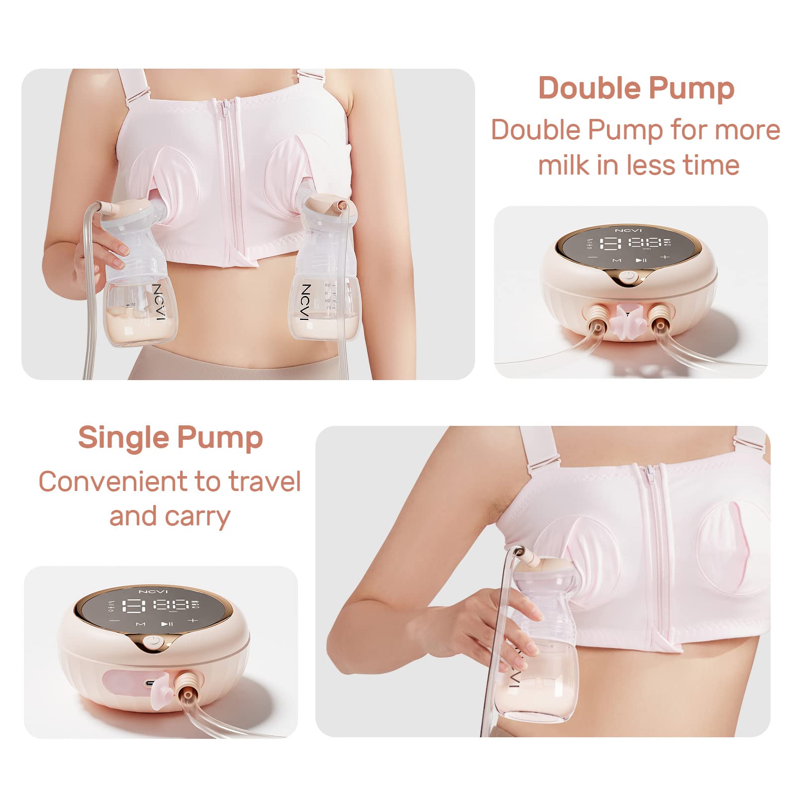 NCVI 8100 Double Electric Breast Pump with 4 Modes, 9 Levels, Anti-Backflow, 24/28mm Flanges, Touch Panel, LED Display, Ultra-Quiet